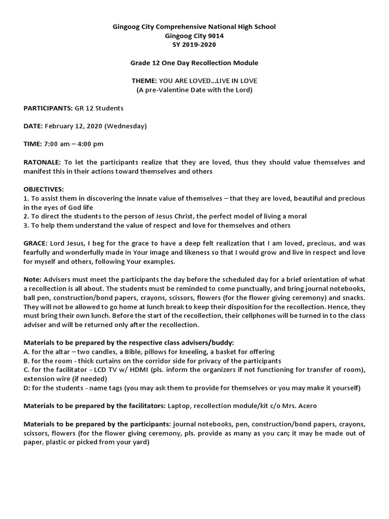 Recollection Module 2020 | PDF | Love | Prayer