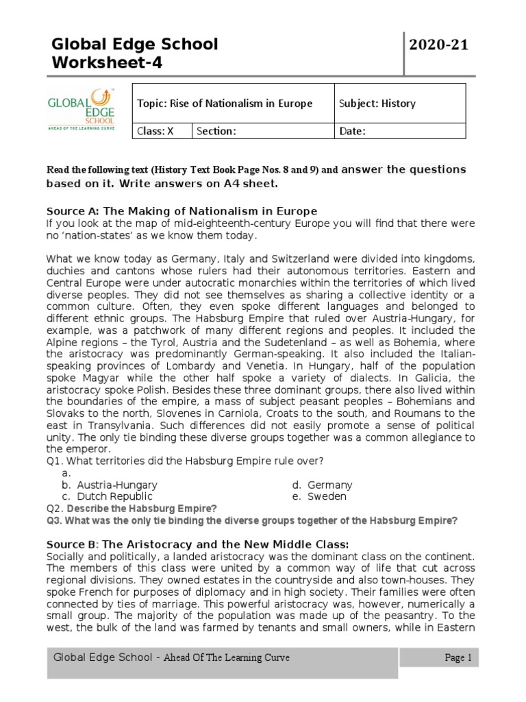 Global Edge School Worksheet-4 2020-21: Topic: Rise of Nationalism in ...