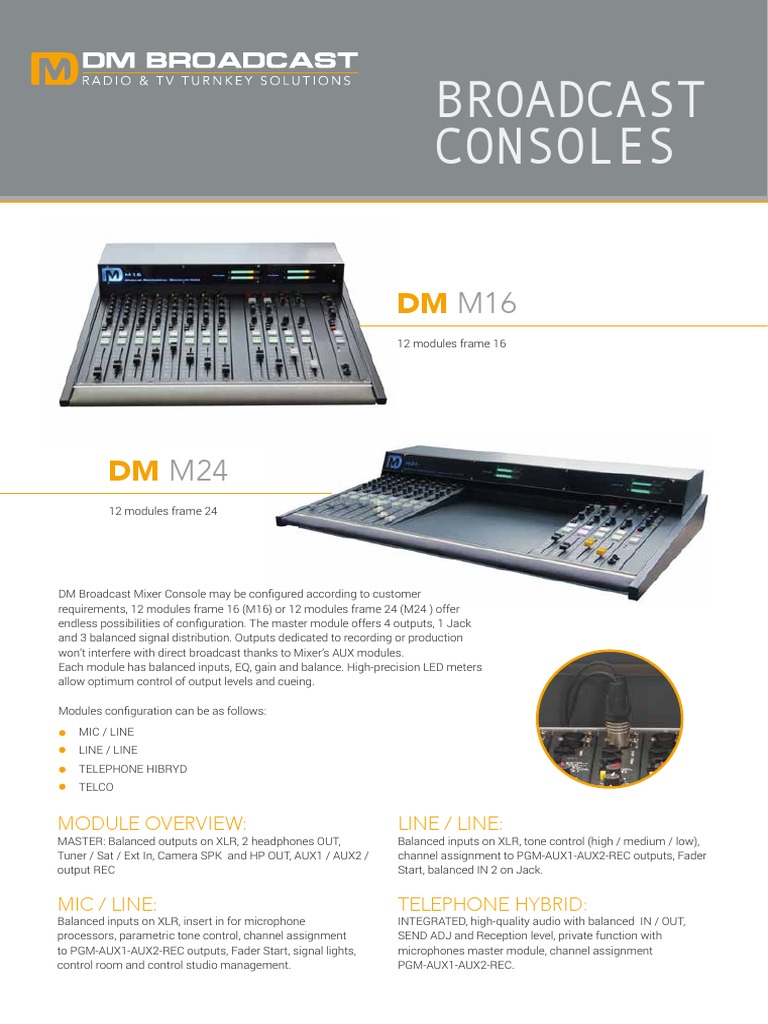 DM Broadcast Mixer Console Overview | PDF | Hearing | Media Technology