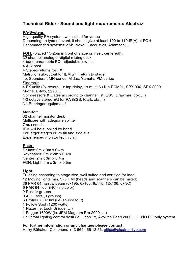 Technical Rider - Sound and Light Requirements Alcatraz: PA-System ...