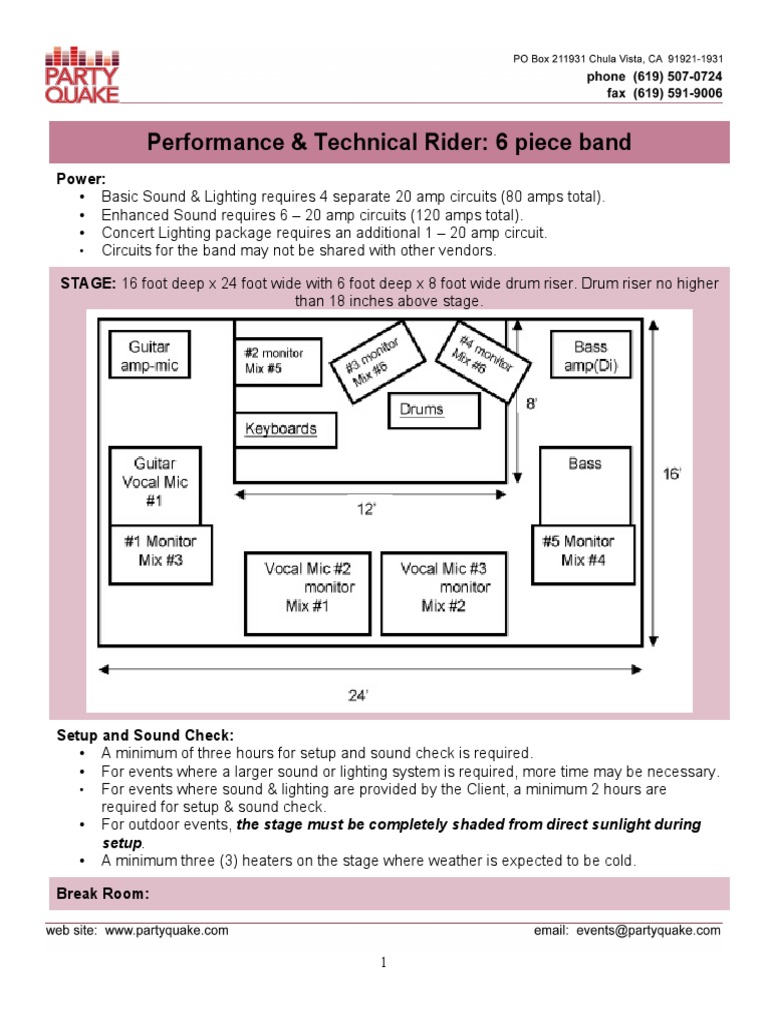 Performance & Technical Rider: 6 Piece Band: Power | PDF | Microphone ...