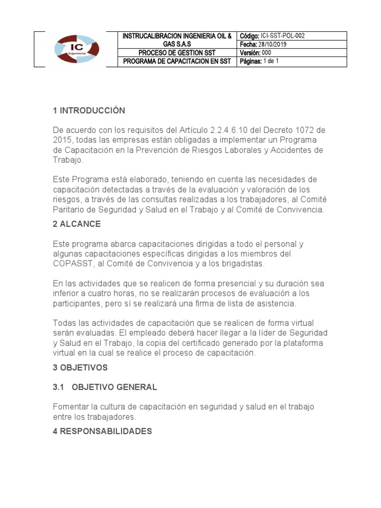 Programa de Capacitacion en SST | Descargar gratis PDF | Bienestar ...