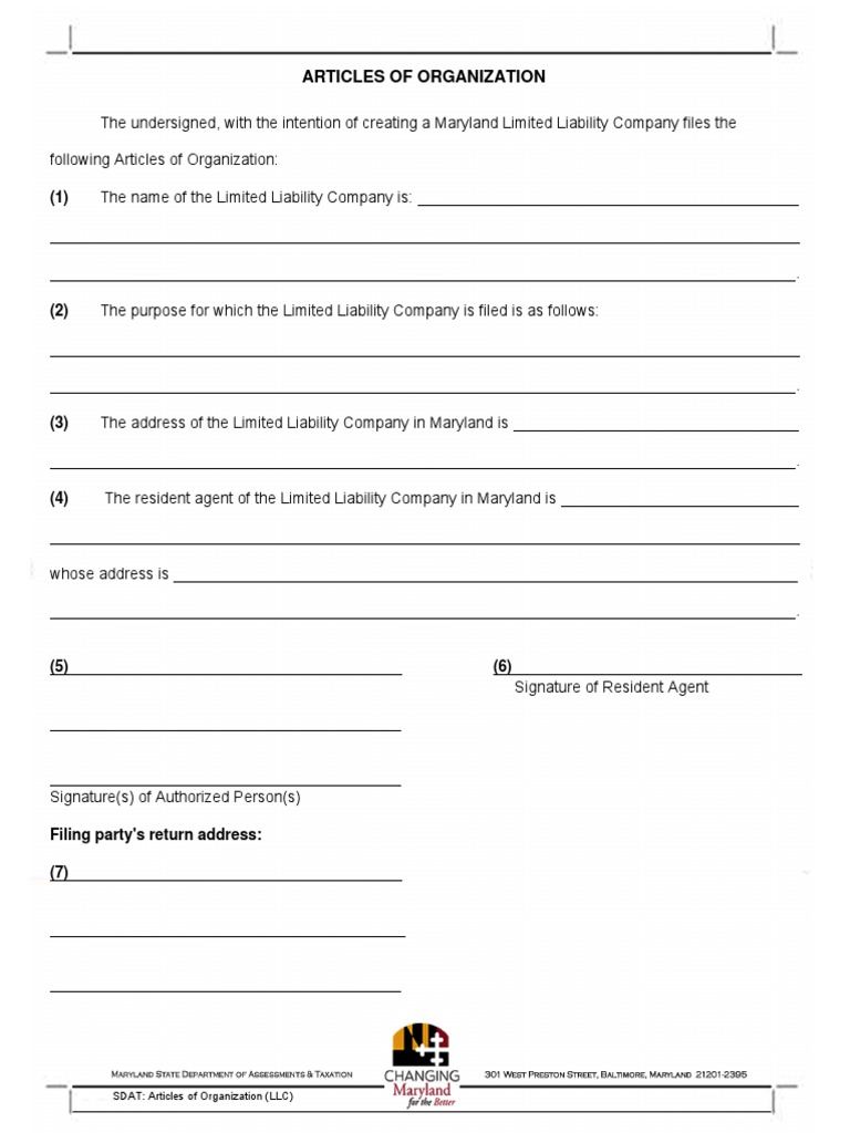 SDAT: Articles of Organization (LLC) | PDF | Registered Agent | Limited ...