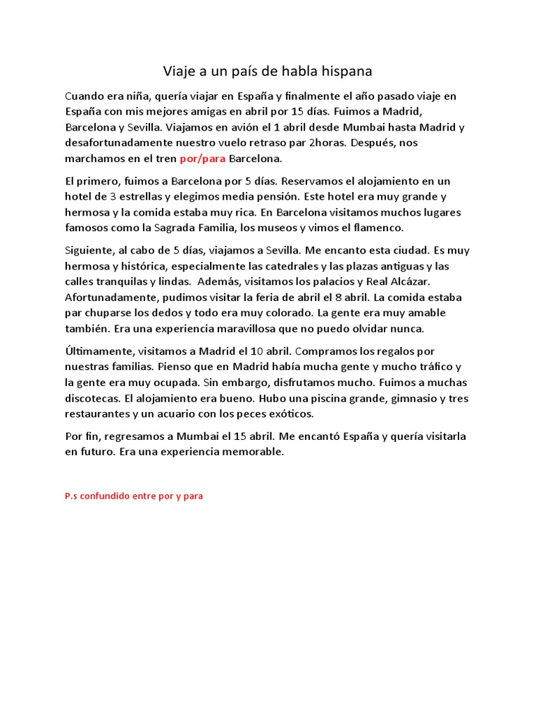 Viaje A Un País de Habla Hispana | PDF | Viajes y turismo