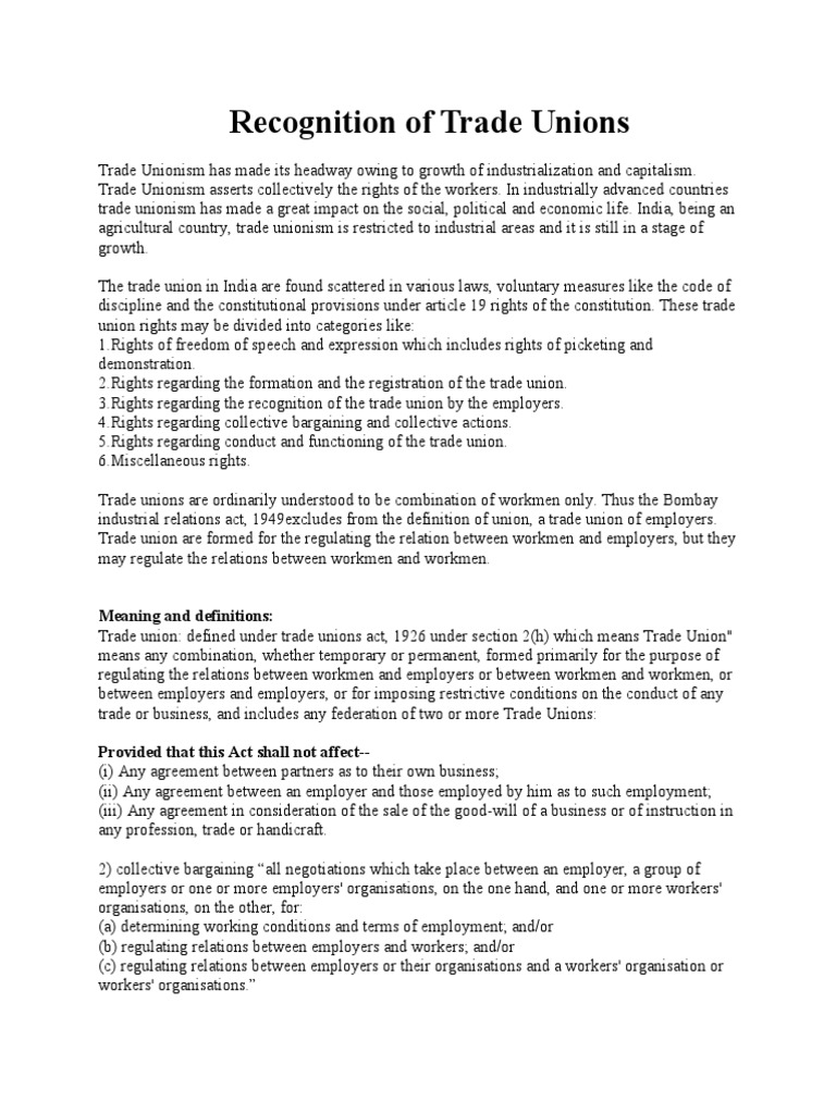 Recognition of Trade Unions | PDF | Trade Union | Collective Bargaining