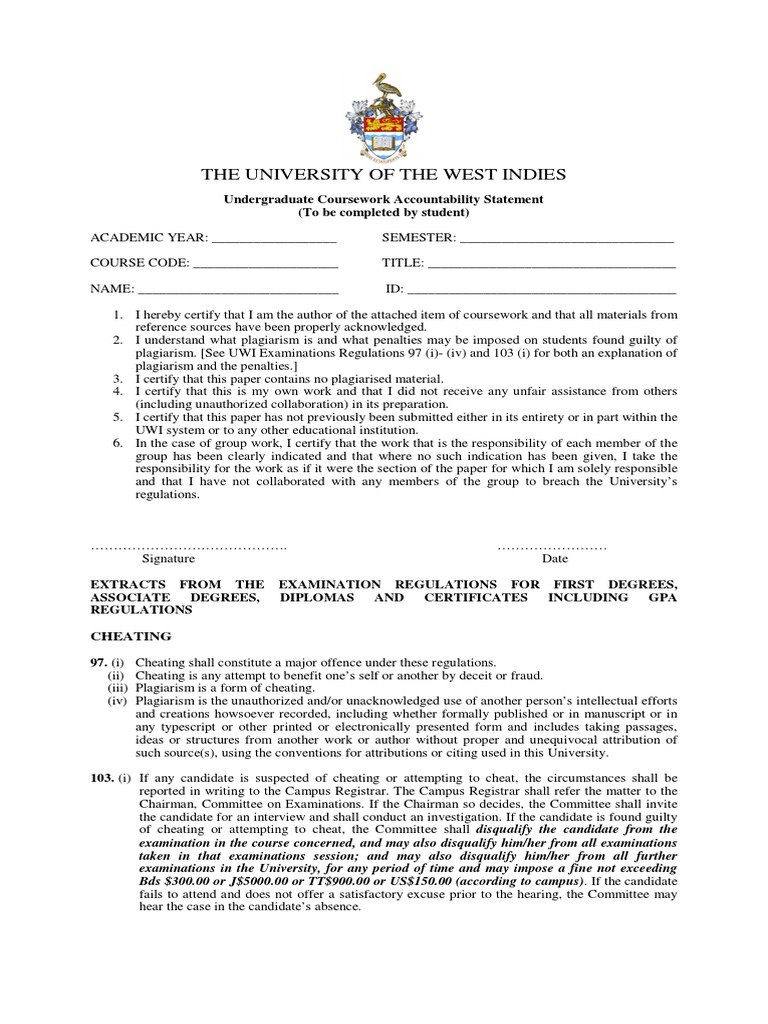 UWI Undergraduate Accountability Statement | PDF | Plagiarism ...