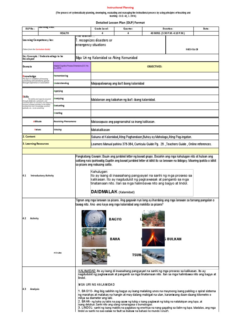 COT - DLP - MAPEH 5 Mga Uri NG Kalamidad Sa Aking Komunidad | PDF