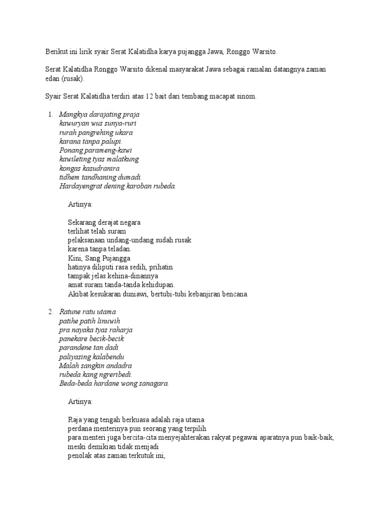 Serat Kalatidha Karya Pujangga Jawa Ronggowarsito | PDF