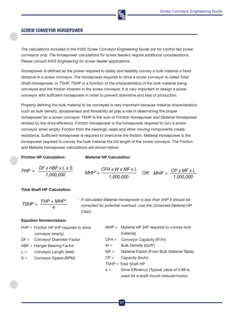 Screw Conveyor Power Calculation Guide | PDF | Horsepower | Bearing ...