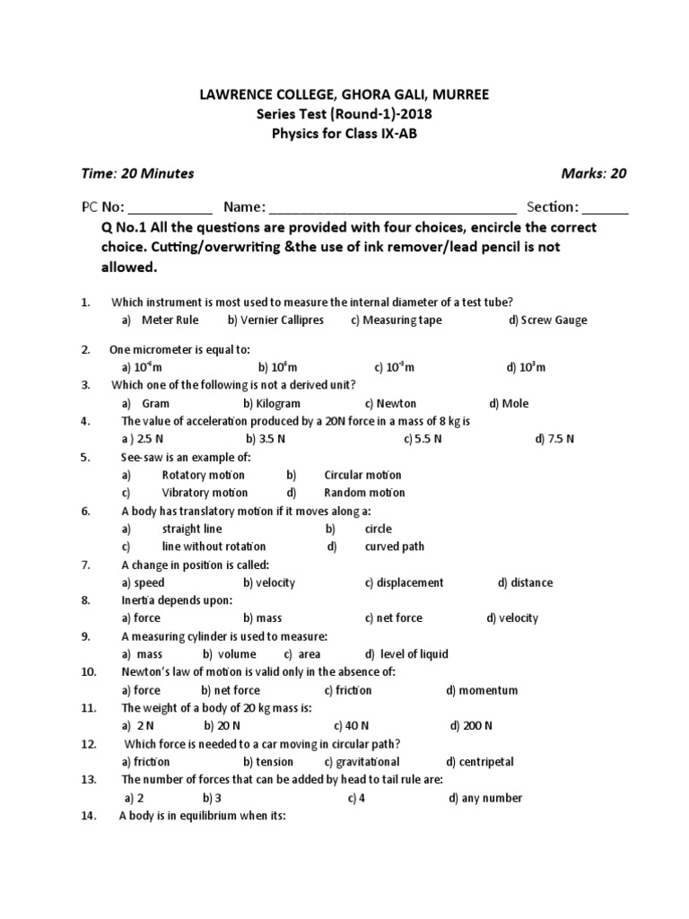 Lawrence College, Ghora Gali, Murree Series Test (Round-1) - 2018 ...