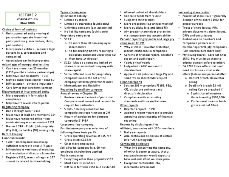 Corporate Law - Cheat Sheet (Lecture 2) PDF | PDF | Corporations ...