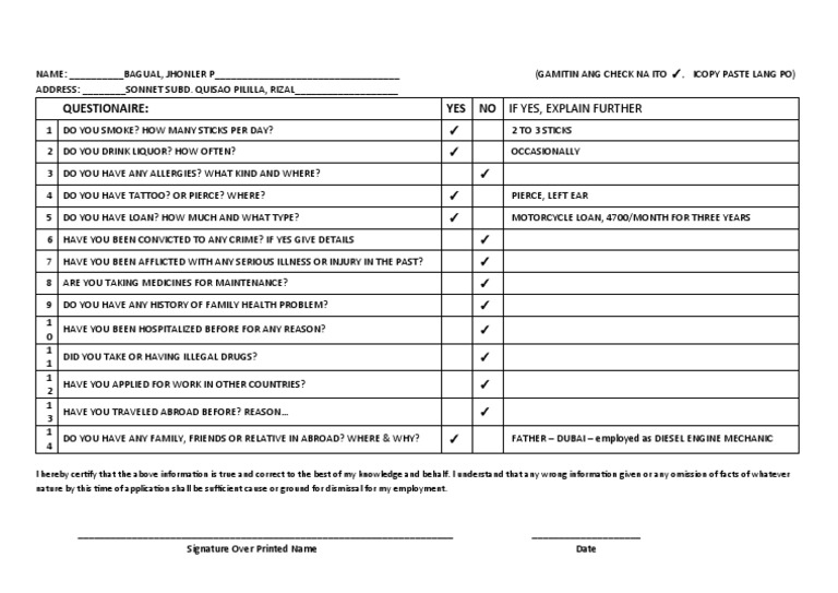 Questionaire: YES No If Yes, Explain Further | PDF
