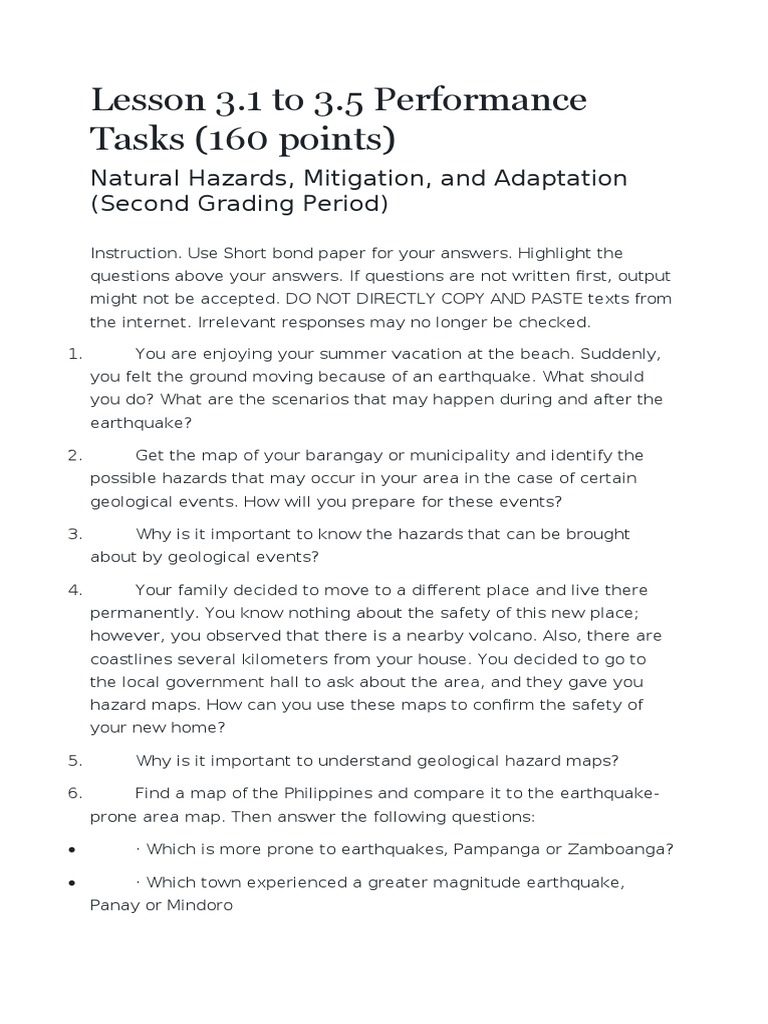 Lesson 3.1 To 3.5 Performance Tasks | PDF | Earthquakes | Tropical Cyclones