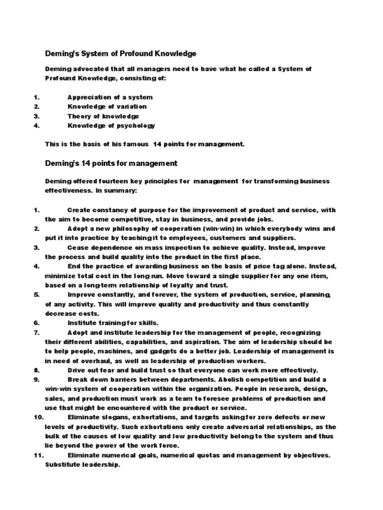 Deming's System of Profound Knowledge: 14 Points For Management | PDF ...