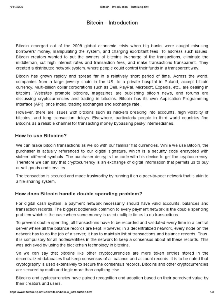 Bitcoin - Introduction - Tutorialspoint | PDF | Bitcoin | Cryptocurrency