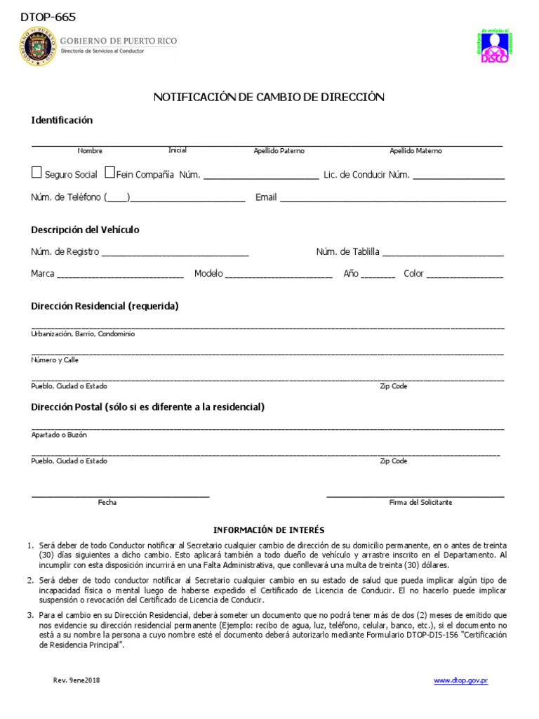 Notificación de Cambio de Dirección DTOP-665 | PDF | Business