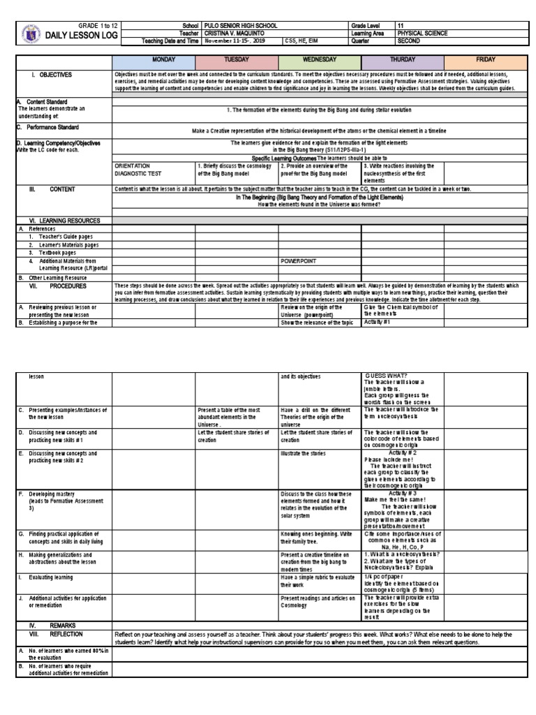 DLL Physical Science 02 | PDF | Big Bang | Teachers