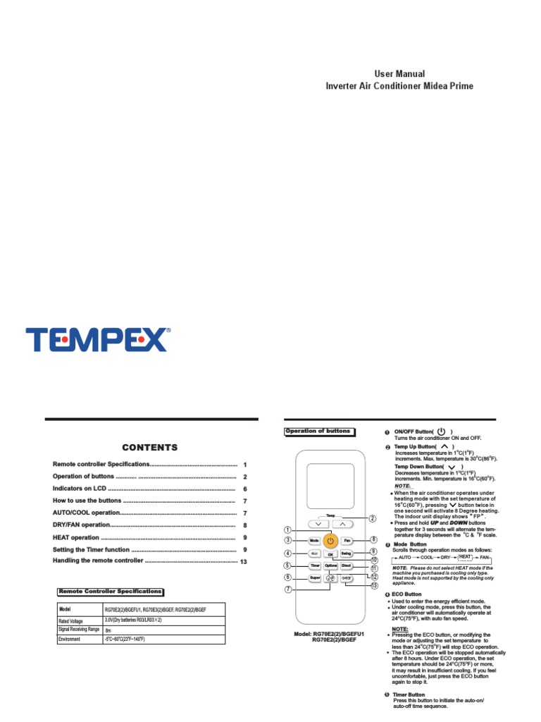 User Manual For Midea Prime Air Conditioners PDF | PDF | Timer | Air ...