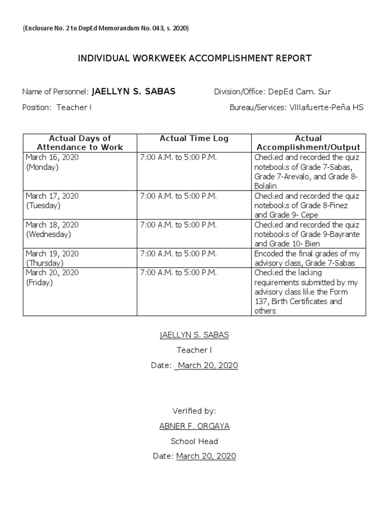 Teacher Weekly Accomplishment Report | PDF | Business