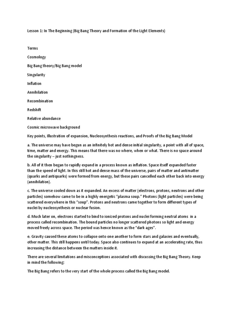 Lesson 1 in The Beginning (Big Bang Theory and Formation of The Light ...