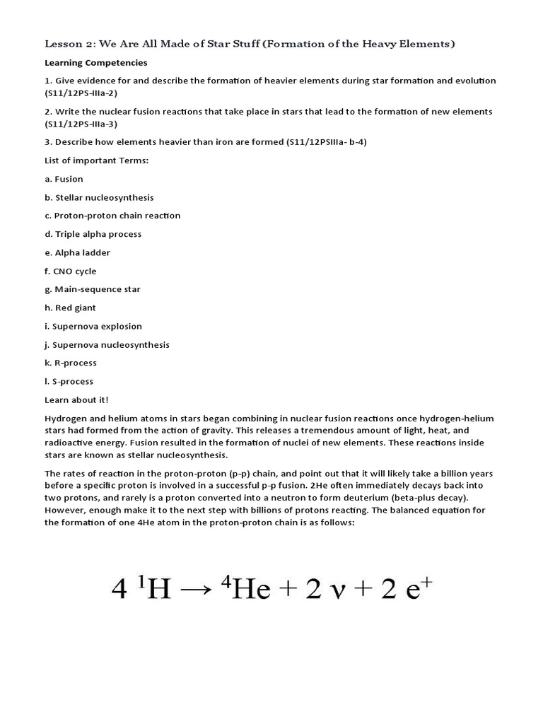 Lesson 2 We Are All Made of Star Stuff (Formation of The Heavy Elements ...