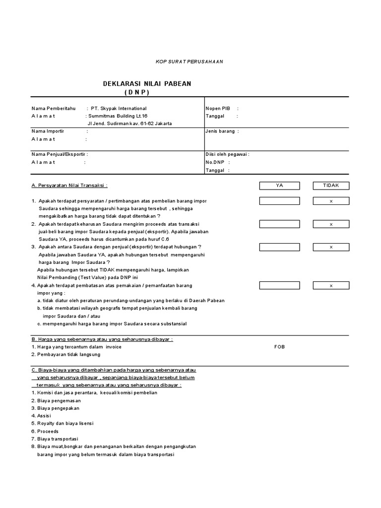 Deklarasi Nilai Pabean PT Skypak | PDF | Pengelolaan Keuangan & Uang