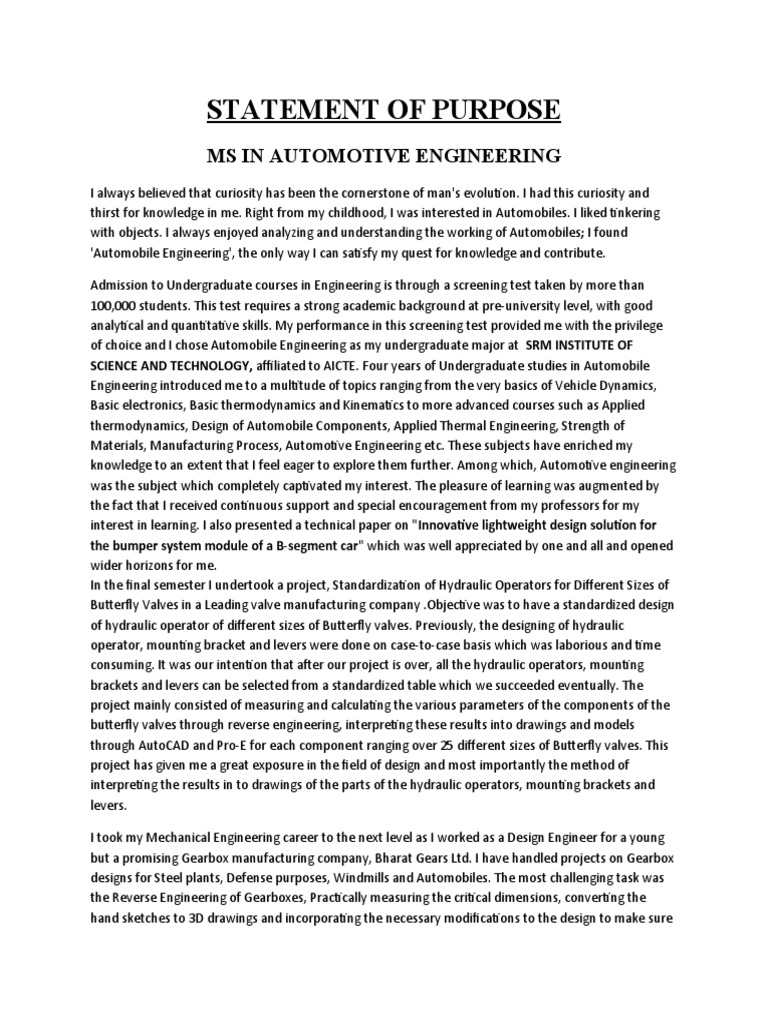 Statement of Purpose: Ms in Automotive Engineering | PDF | Engineering | Transmission (Mechanics)