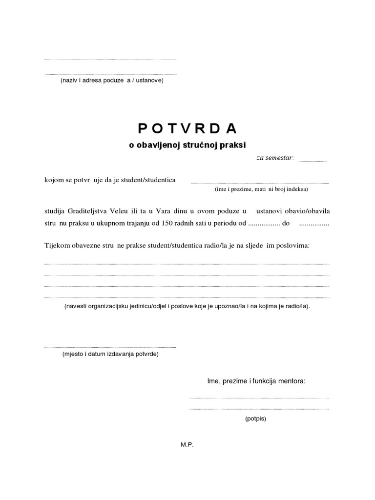 4-Potvrda o Obavljenoj Strucnoj Praksi | PDF
