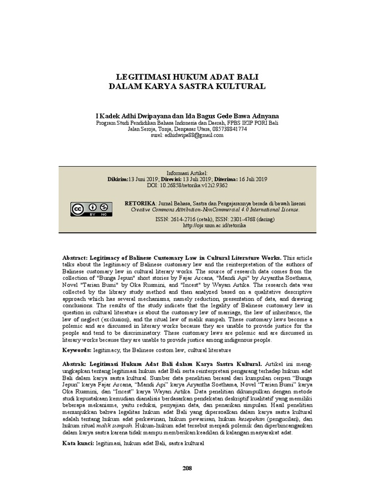 Legitimasi Hukum Adat Bali Dalam Karya Sastra Kult PDF | PDF | History ...