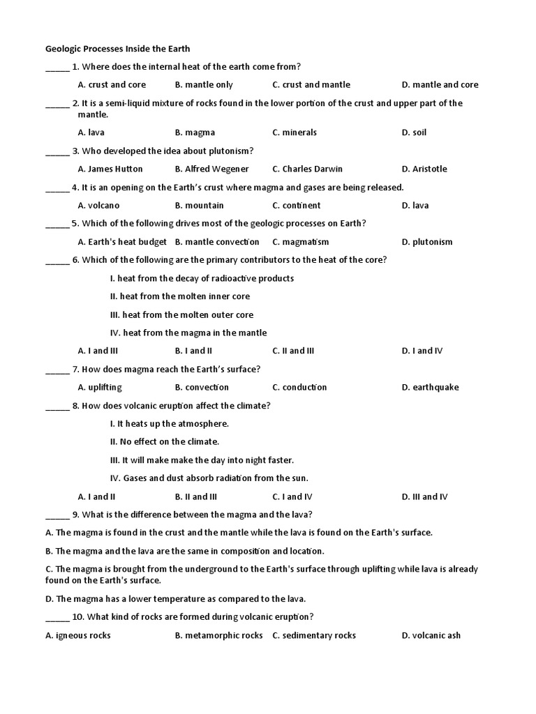 QUIZ - Geologic Processes Inside The Earth | PDF | Magma | Volcano