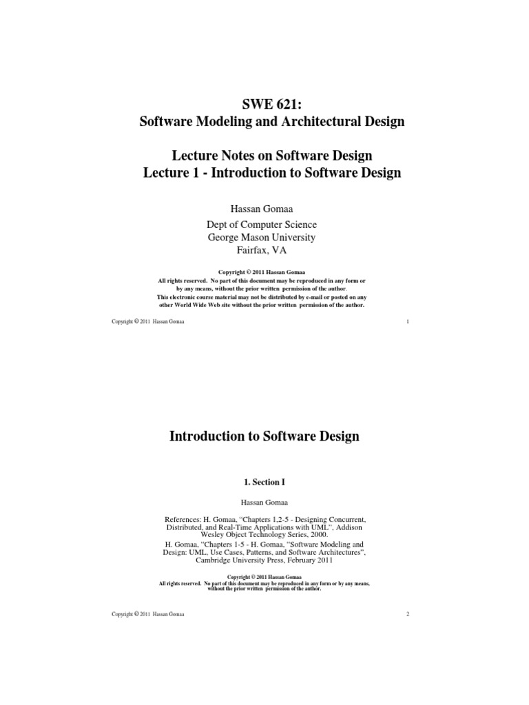 Swe 621 Software Modeling And Architectural Design Lecture Notes On Software Design Lecture 1