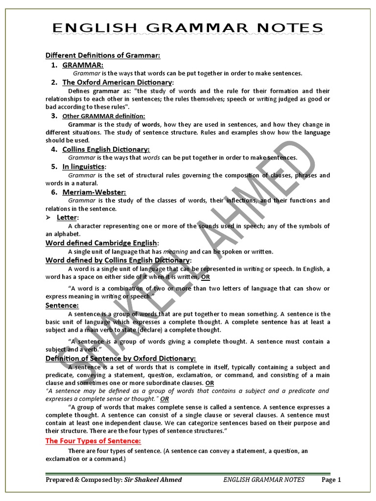 English Grammar Notes | PDF | Sentence (Linguistics) | Word
