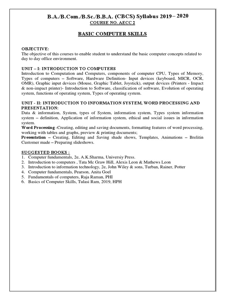 Basic Computer Skills AECC-2 BA Bcom BSC BBA Combined PDF | PDF | Internet | Spreadsheet