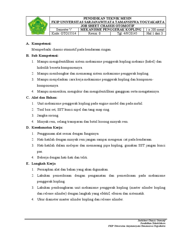 Job Sheet Mekanisme Penggerak Kopling | PDF | Komputer | Teknologi ...