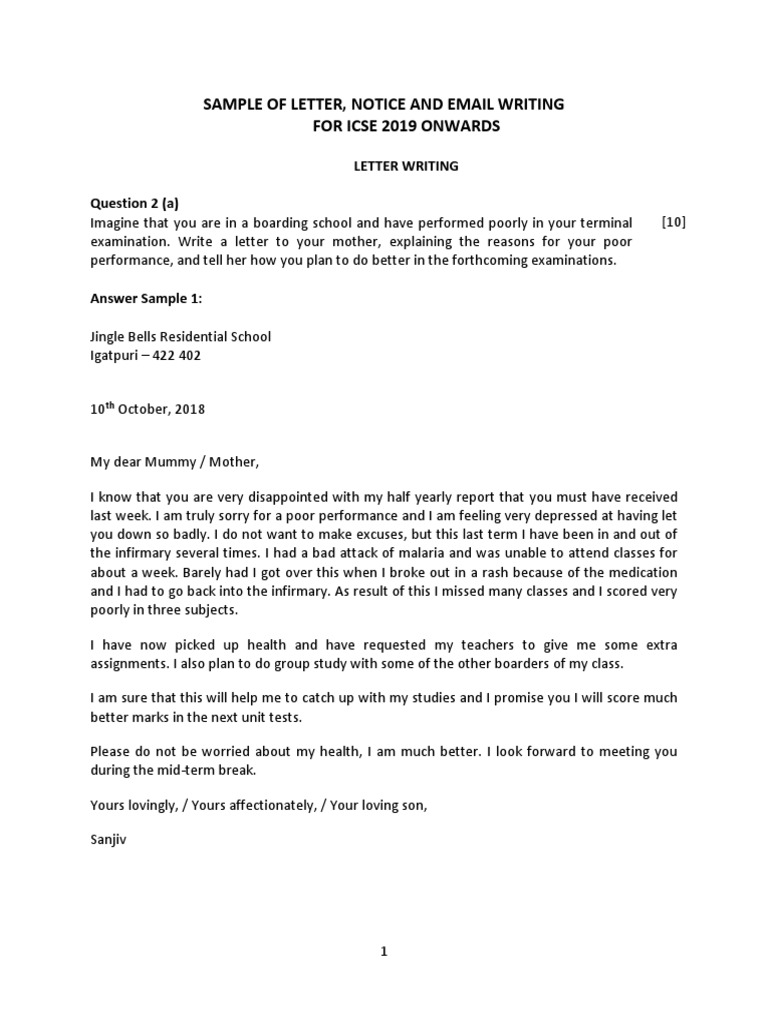 Sample of Letter, Notice and Email Writing For Icse 2019 Onwards | PDF