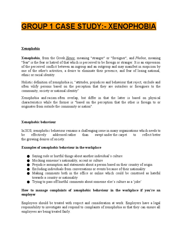 Group 1 Case Study:-Xenophobia | PDF | Xenophobia | Power (Social And ...