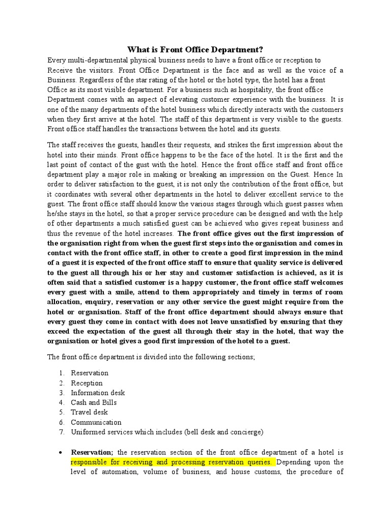 What Is Front Office Department? | PDF | Sales | Hotel