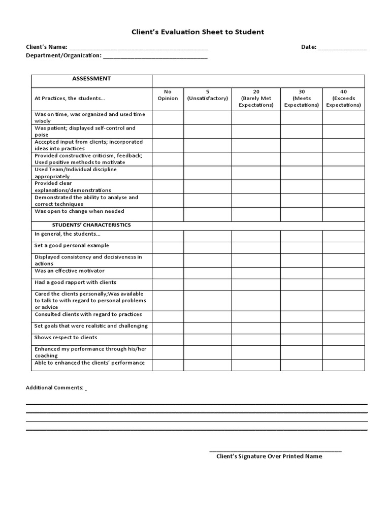 Clients Evaluation Sheet | PDF