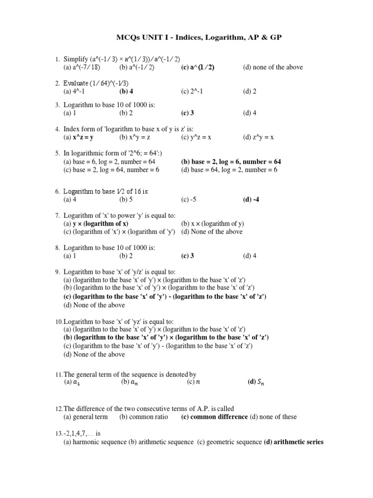 MCQs UNIT I - Indices, Logarithm, AP & GP | PDF | Logarithm | Discrete ...