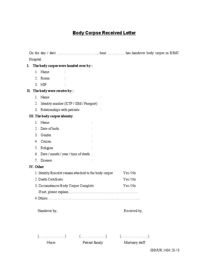Mortuary Handover Form | PDF | Law