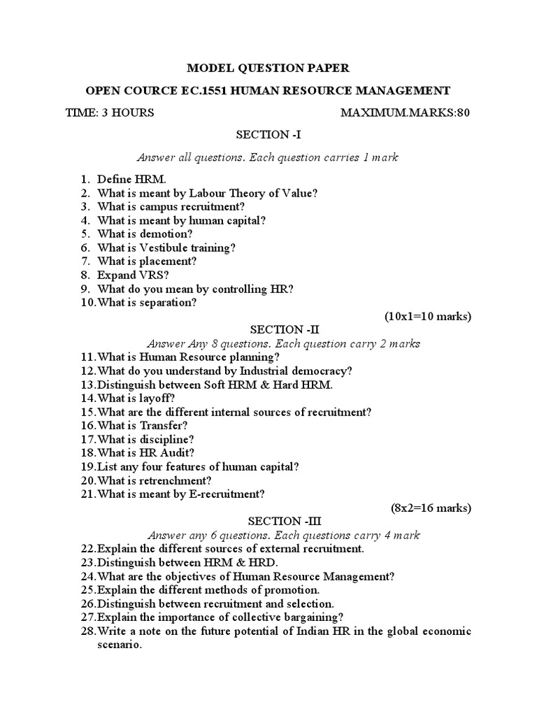 MODEL QUESTION PAPER OF HRM Open Cource | PDF | Human Resource ...