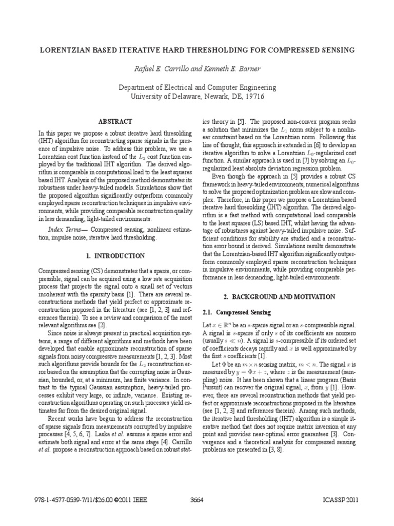 Lorentzian Based Iterative Hard Thresholding For Compressed Sensing | PDF | Signal To Noise ...
