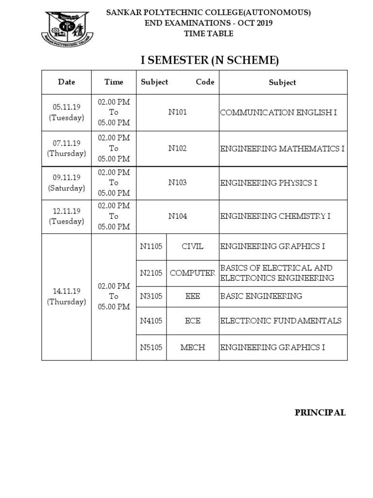 Sankar Polytechnic College October 2019 Semester 1 Examination Timetable | PDF