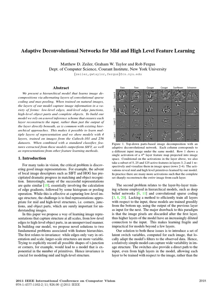 Adaptive Deconvolutional Networks For Mid and High Level Feature Learning | PDF | Cybernetics ...
