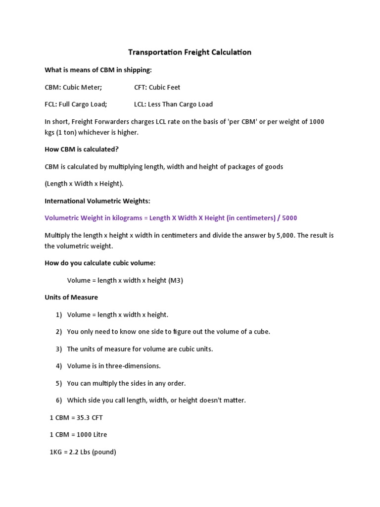 Freight Calculation & CBM Guide | PDF | Cargo | Volume