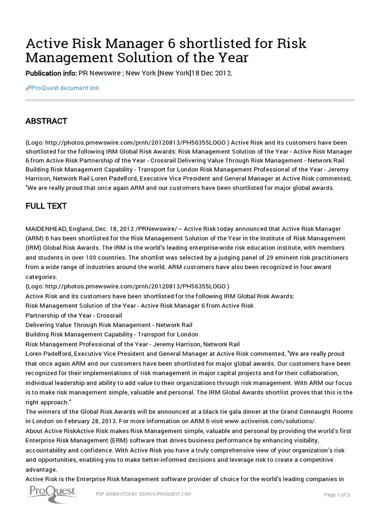 Active Risk Manager 6 Shortlisted For Risk Management Solution of The ...