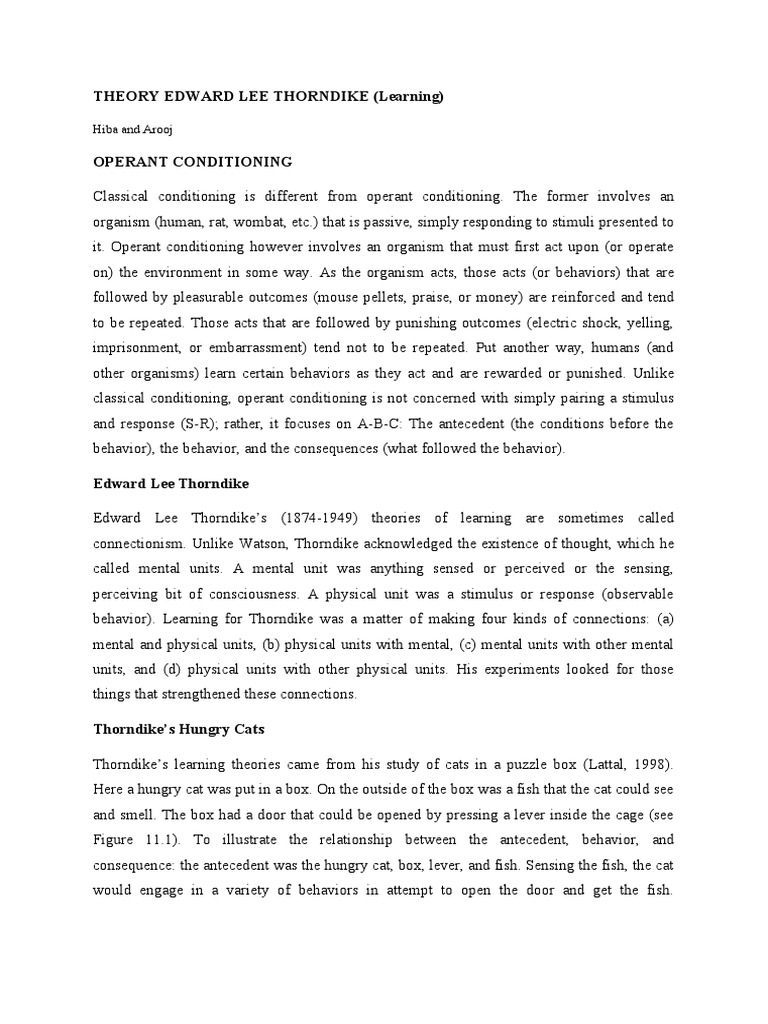 Theory Edward Lee Thorndike | PDF | Classical Conditioning | Theory Of Mind