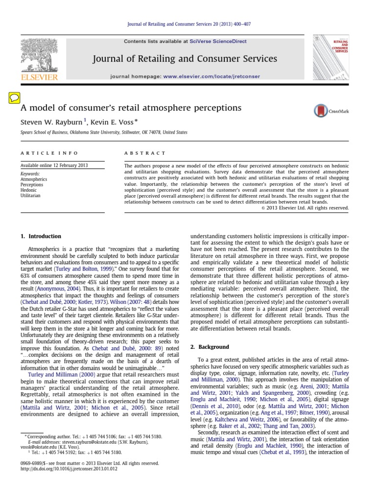 A Model of Consumer's Retail Atmosphere Perceptions | PDF | Cronbach's ...