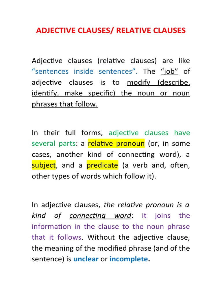 Learn Relative Clauses with Adjective Examples | PDF | Adjective | Clause