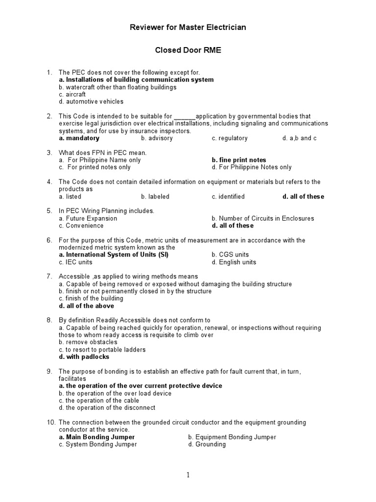 Reviewer For Master Electrician Closed Door RME | PDF | Electrical ...